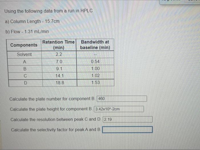 Solved Using the following data from a run in HPLC a) Column | Chegg.com