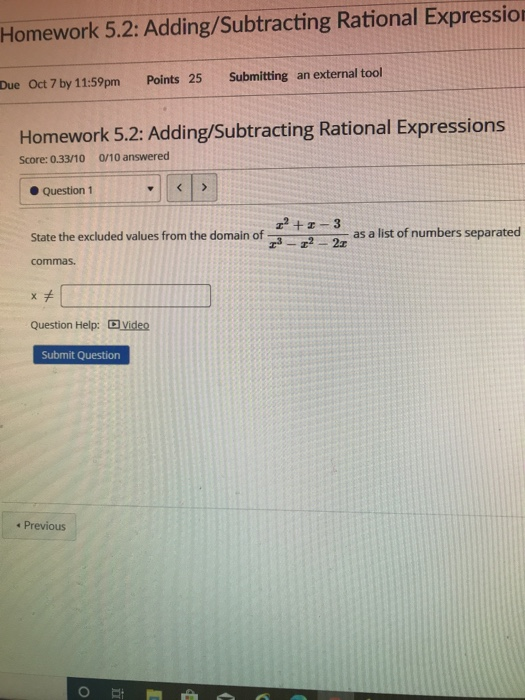 Solved Homework 5.2: Adding/Subtracting Rational Expression | Chegg.com