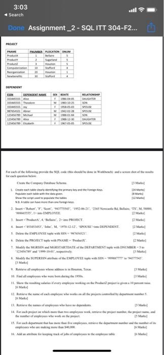 Solved 3:03 Search Done Assignment_2 - SQL ITT 304-F2... | Chegg.com
