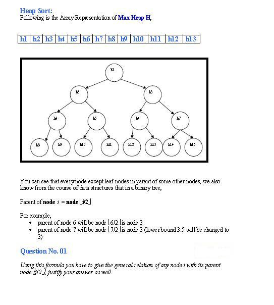 Heap Sort: Following is the Array Representation of | Chegg.com