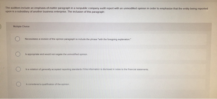 Solved The auditors include an emphasis of matter paragraph | Chegg.com