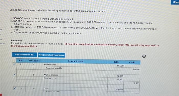 Solved Larned Corporation recorded the following | Chegg.com