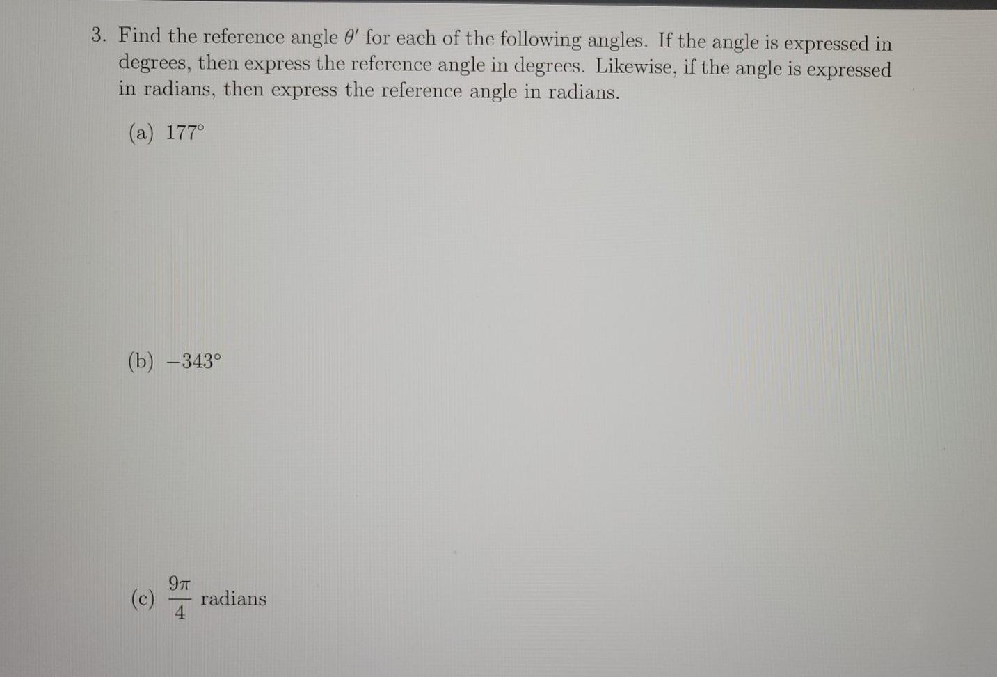Solved 3. Find the reference angle e' for each of the | Chegg.com