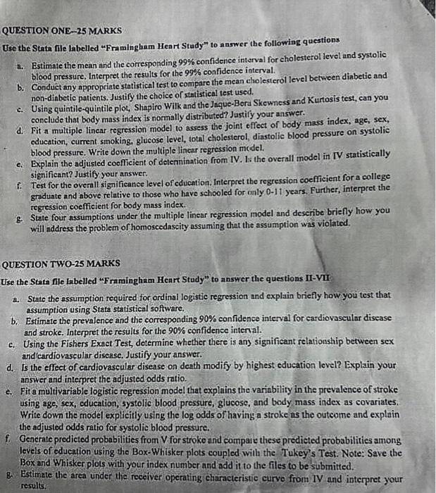 Solved QUESTION ONE-25 MARKS Uso the Stata file labelled | Chegg.com