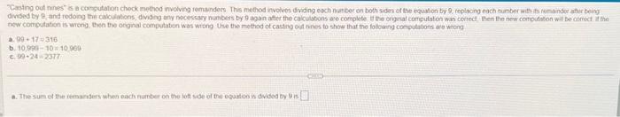 Solved casting out nines is a computation check message | Chegg.com