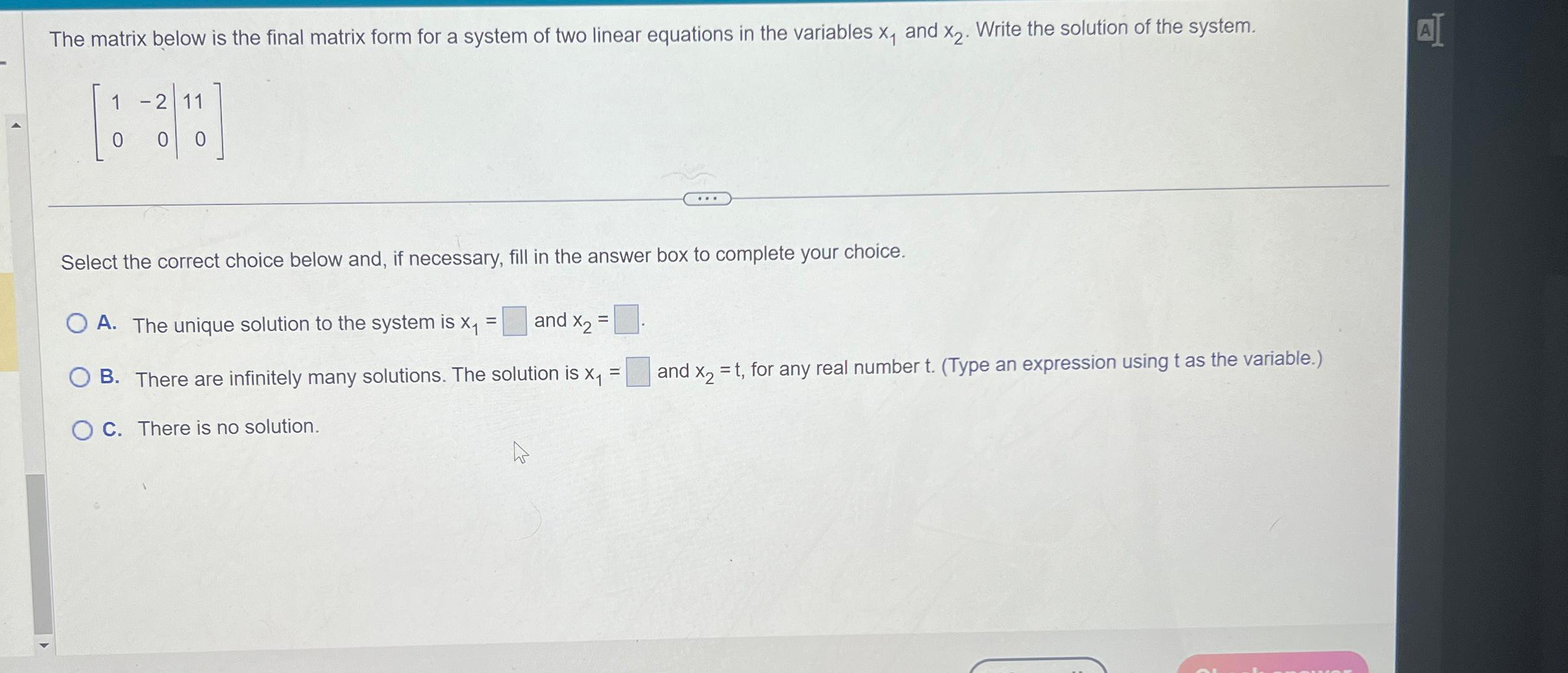 Solved The matrix below is the final matrix form for a | Chegg.com