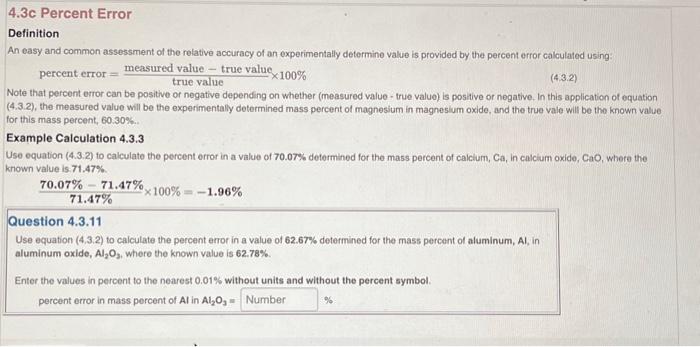 Solved 4.3c Percent Error Definition An easy and common | Chegg.com