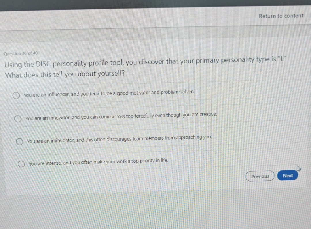 Solved Return to contentQuestion 36 ﻿of 40Using the DISC | Chegg.com