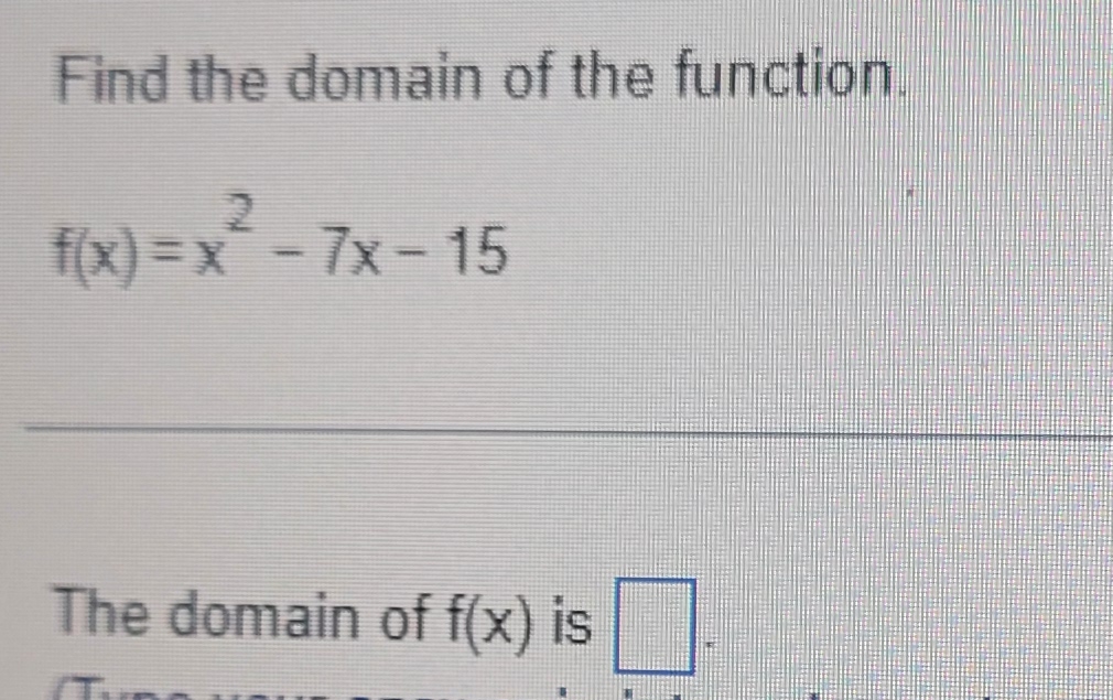 Solved Find the domain of the function.f(x)=x2-7x-15The | Chegg.com