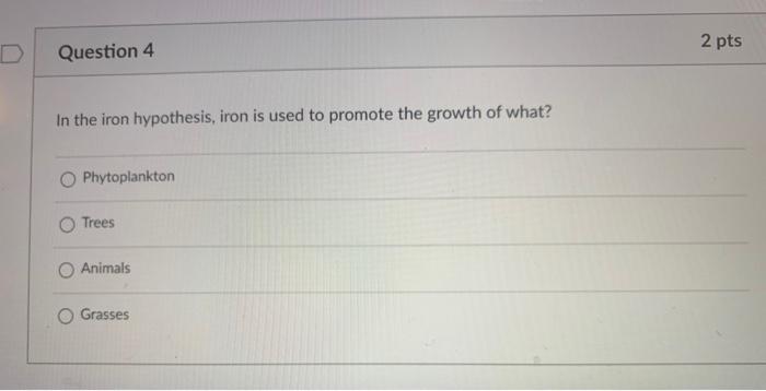 Solved 2 pts D Question 4 In the iron hypothesis, iron is | Chegg.com
