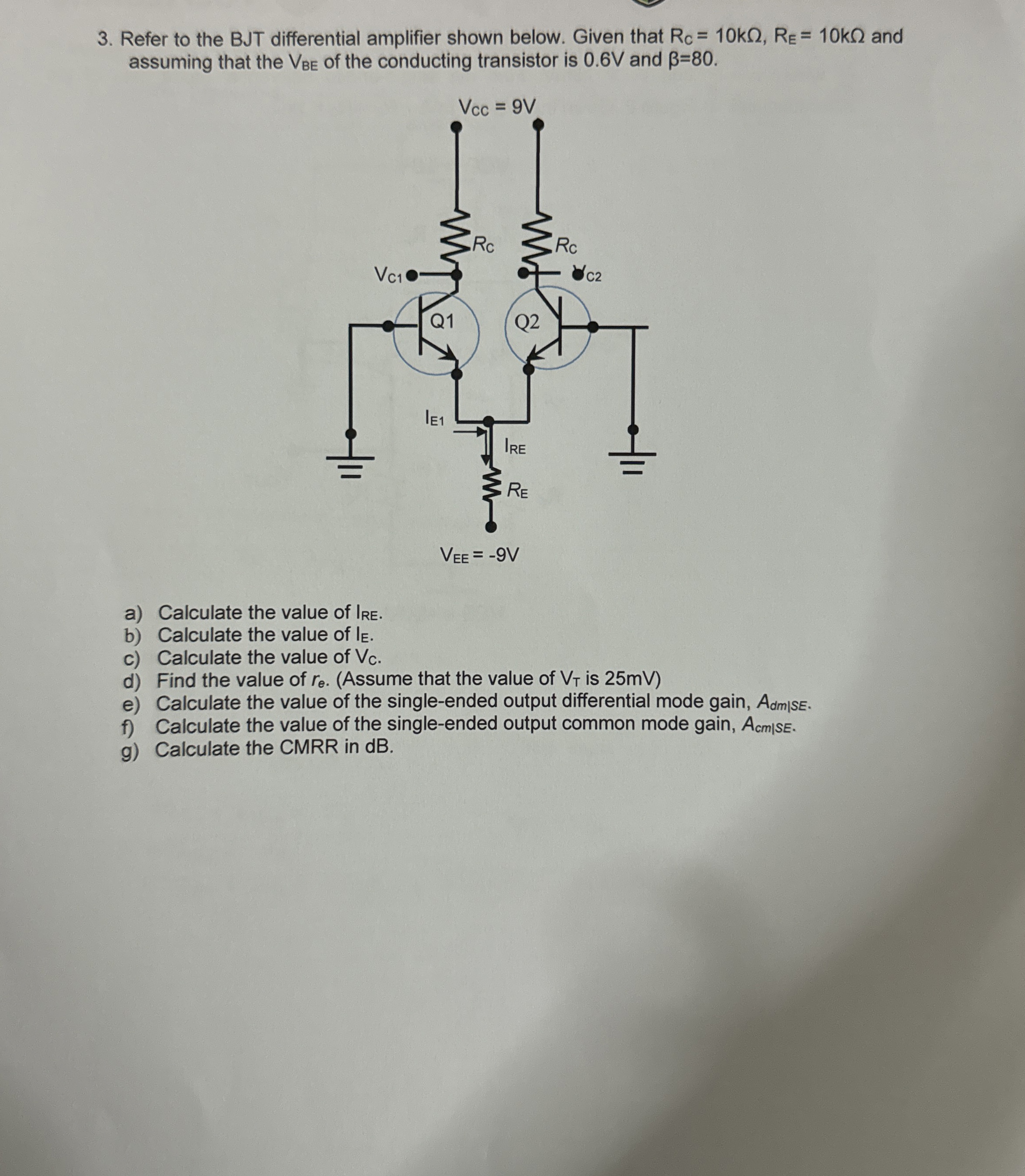 Solved Refer to the BJT differential amplifier shown below. | Chegg.com