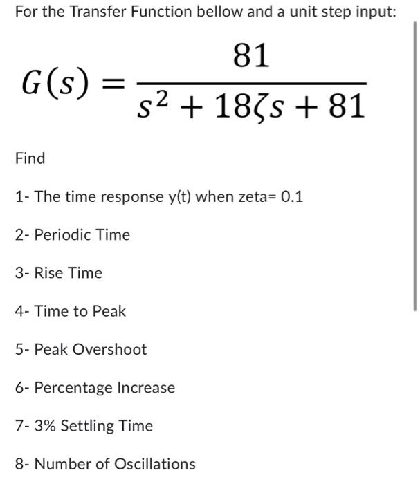 Solved For the Transfer Function bellow and a unit step | Chegg.com