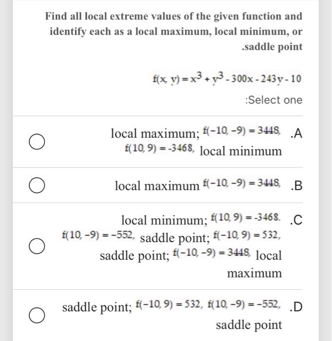 Solved Find all local extreme values of the given function | Chegg.com
