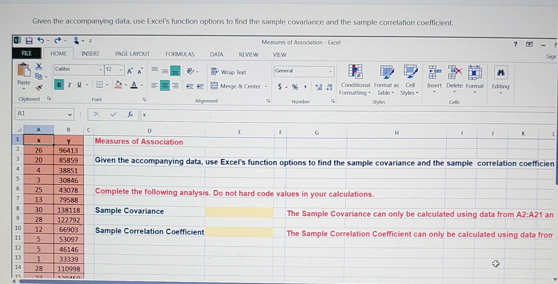 Given the accompanying data, use Excel's function | Chegg.com