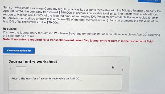 Solved Samson Wholesale Beverage Company regularly factors | Chegg.com