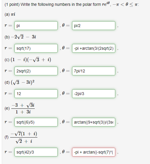 Solved (1 ﻿point) ﻿Write the following numbers in the polar | Chegg.com