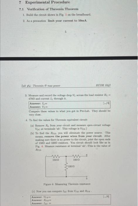 Solved 7 Experimental Procedure 7.1 Verification of Thevenin | Chegg.com