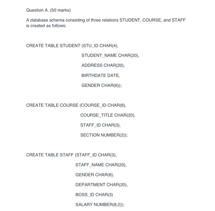 Solved Question A. (50 marks) A database schema consisting | Chegg.com