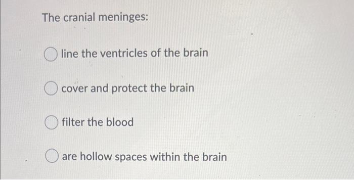 Solved The cranial meninges: line the ventricles of the | Chegg.com