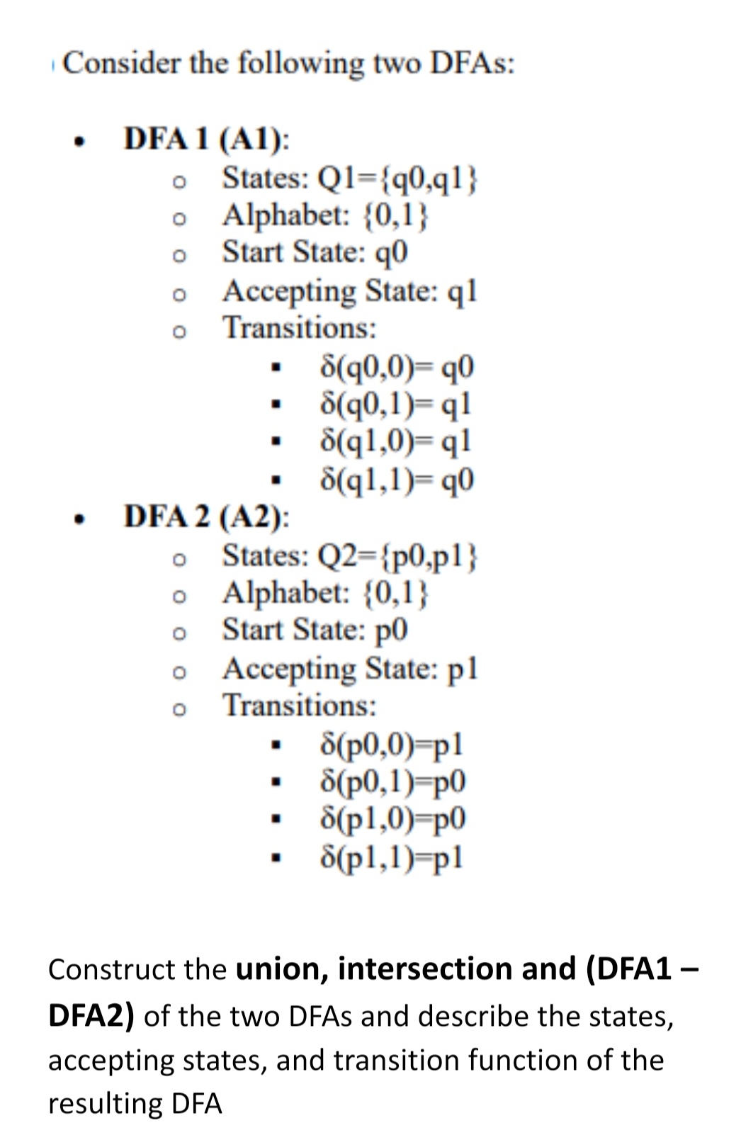 Solved Consider the following two DFAs:DFA 1 (A1):States: | Chegg.com