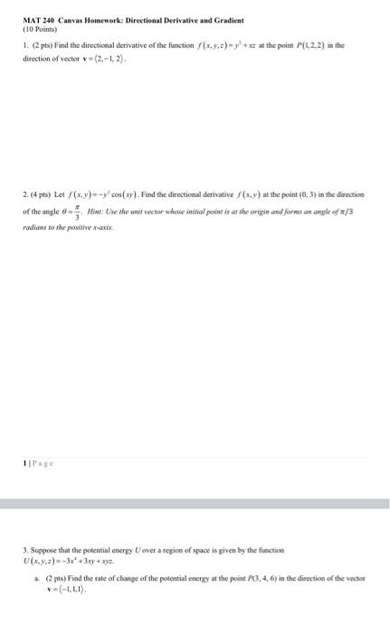 Solved MAT 240 Canvas Hemewerk: Directional Derivative and | Chegg.com