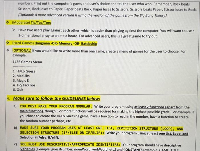 Solved 3. You will develop ONE GAME of your choice from the | Chegg.com