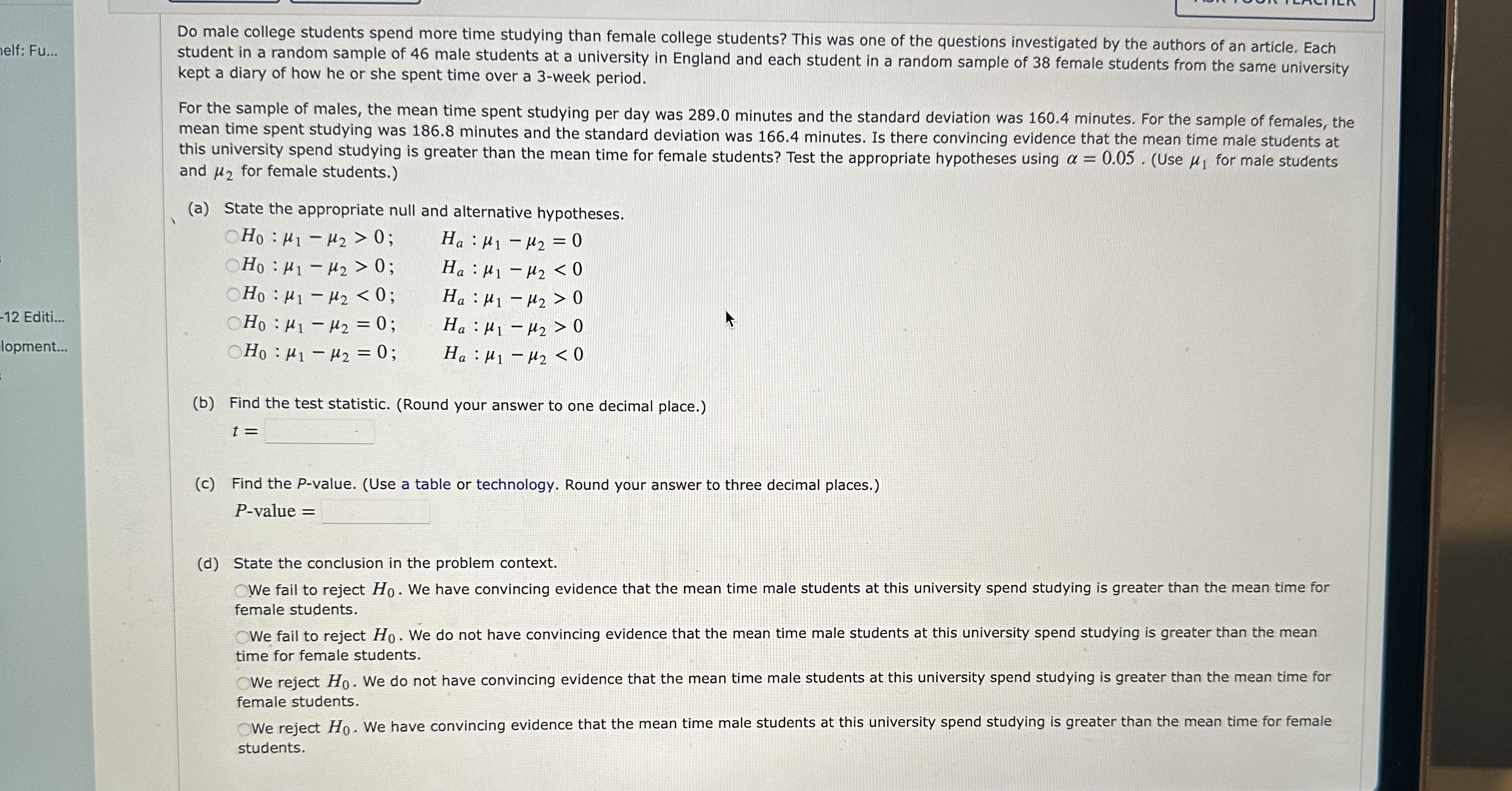 Solved Do male college students spend more time studying | Chegg.com