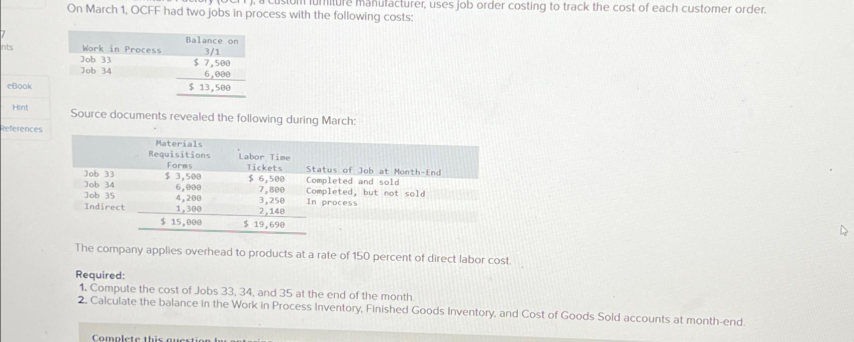 Solved On March 1, ﻿OCFF had two jobs in process with the | Chegg.com
