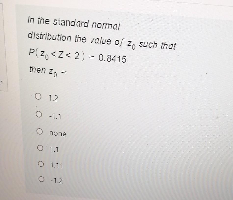 Solved In the standard normal distribution the value of zo | Chegg.com