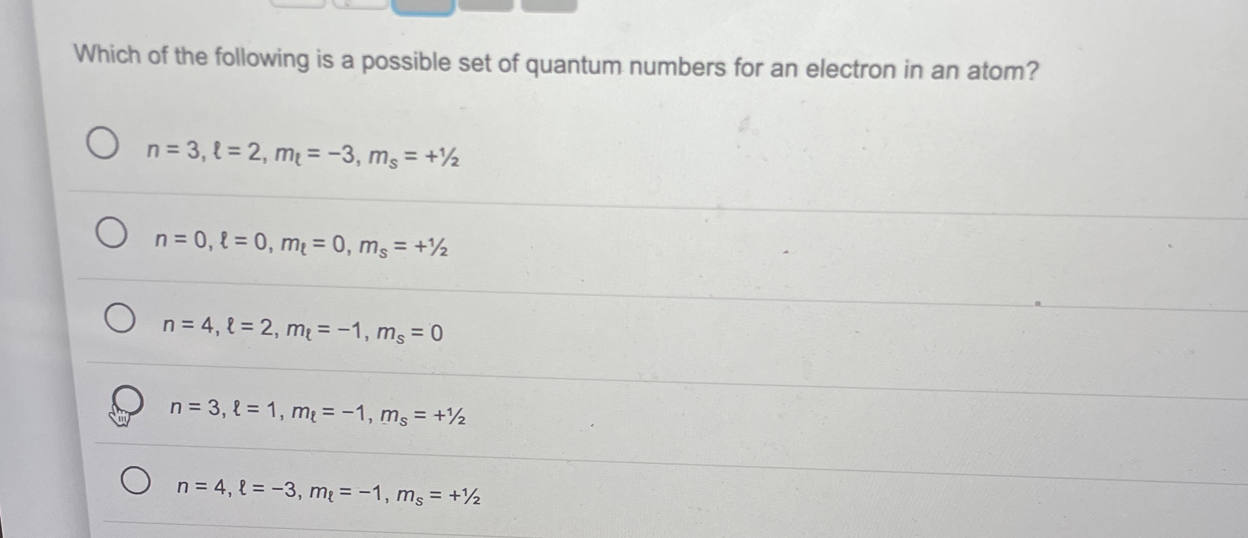 Solved Which of the following is a possible set of quantum | Chegg.com