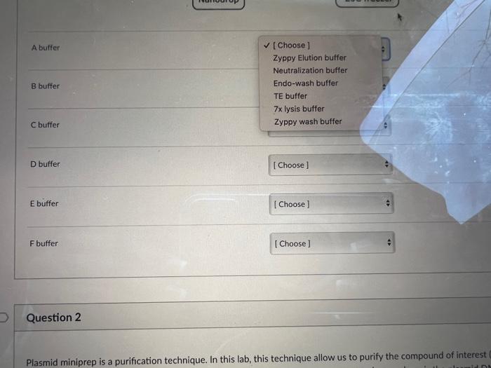 Solved A buffer B buffer [Choose] Zyppy Elution buffer | Chegg.com