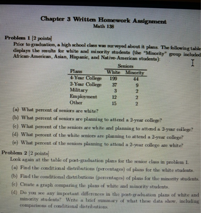 Solved Chapter 3 Written Homework Assignment Math 138 | Chegg.com