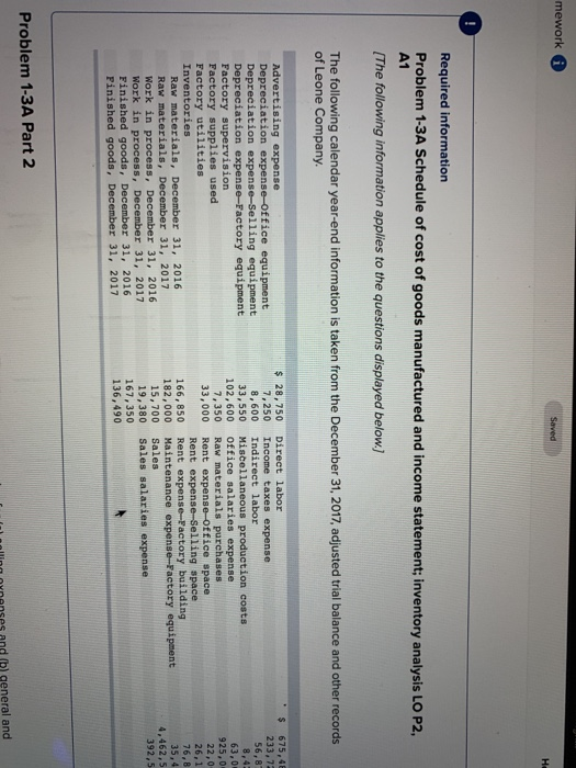 Solved ! Required information Problem 1-3A Schedule of cost | Chegg.com