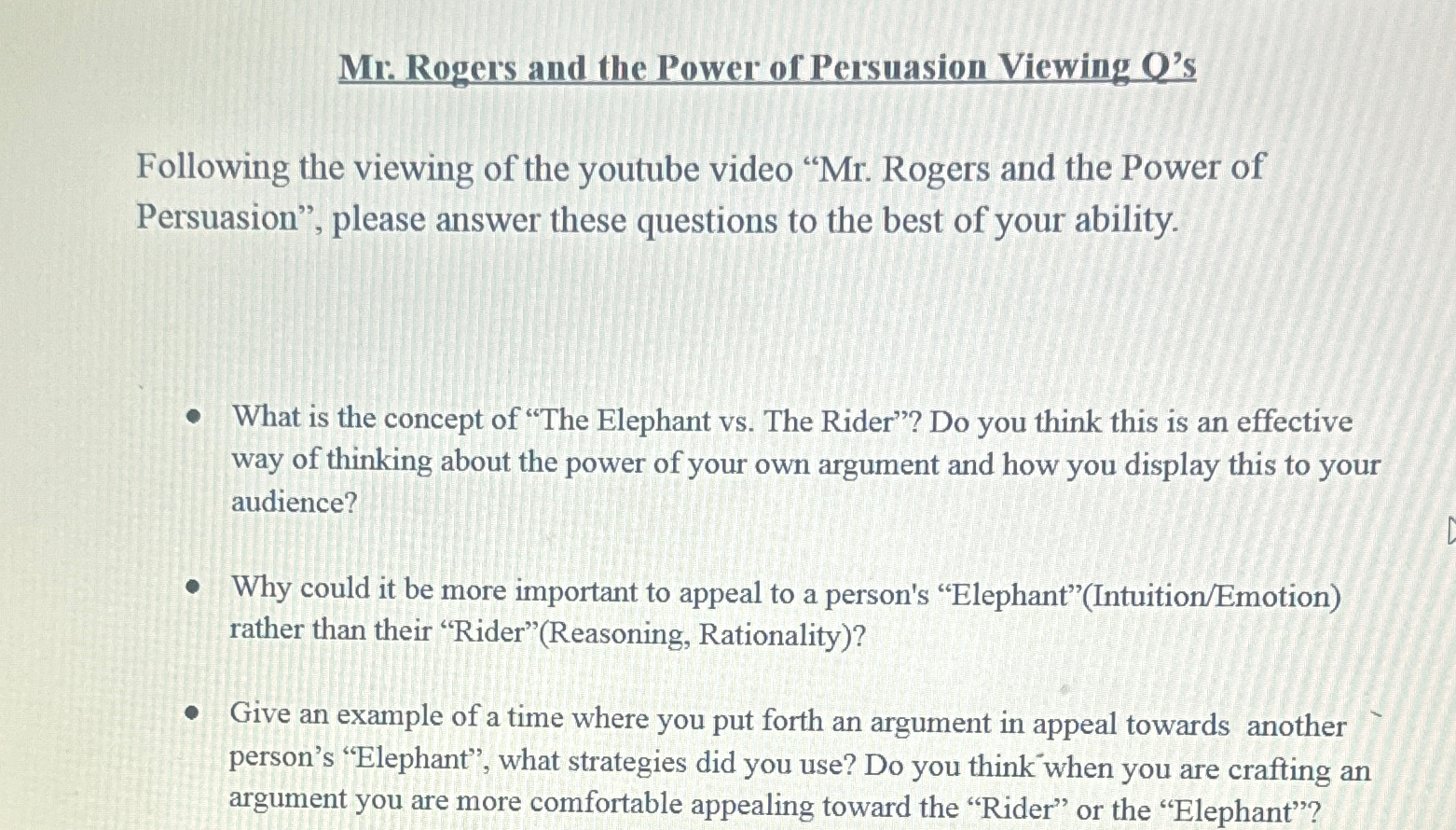 Solved Mr: Rogers and the Power of Persuasion Viewing | Chegg.com