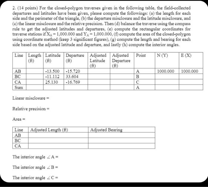 Solved 2. (14 points) For the closed-polygon traverses given | Chegg.com