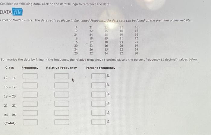 Solved Consider the following data. Click on the datafile | Chegg.com
