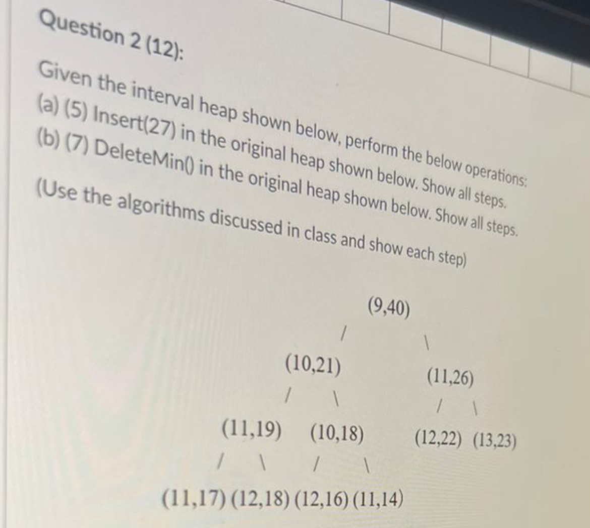 Solved Question 2(12):Given the interval heap shown below, | Chegg.com
