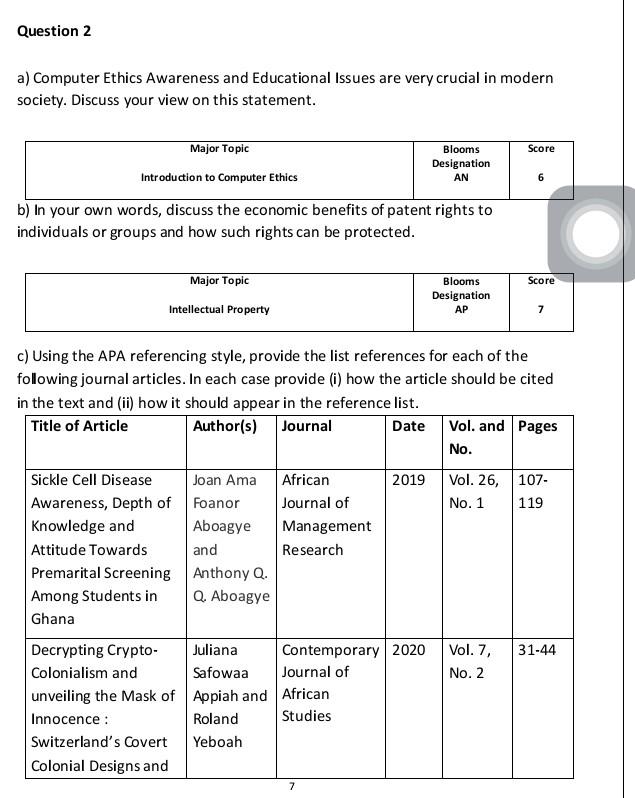 Solved Question 2 a) Computer Ethics Awareness and | Chegg.com