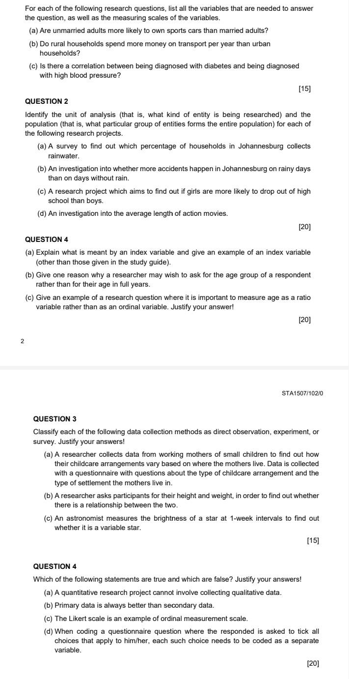 Solved For each of the following research questions, list | Chegg.com