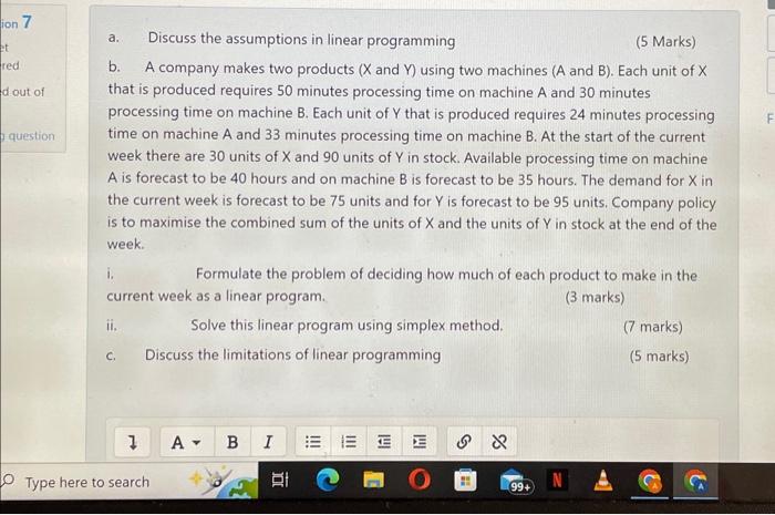 Solved a. Discuss the assumptions in linear programming (5 | Chegg.com