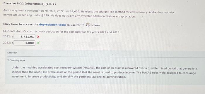Solved Exercise 8-22 (Algorithmic) (LO. 2) Andre acquired a | Chegg.com