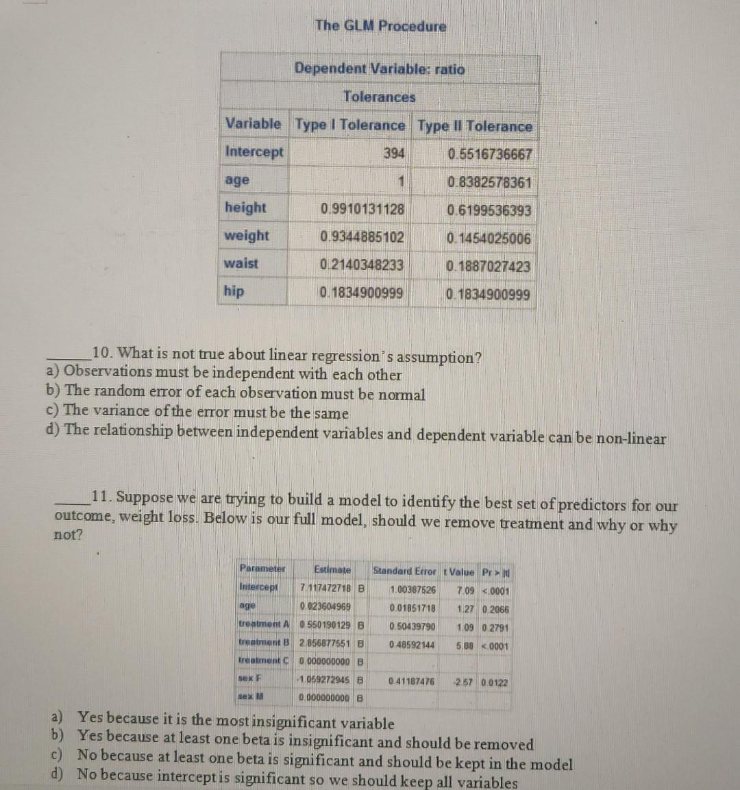 9 Based On The Sas Output Below Use Vif Cut Off 1243