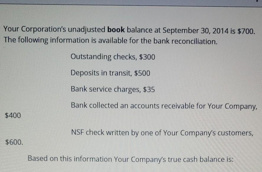 Solved Your Corporation's unadjusted book balance at | Chegg.com