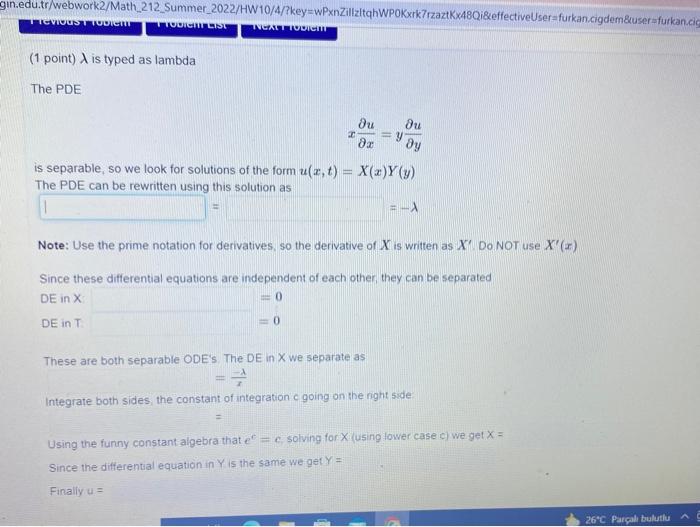 Solved (1 point) λ is typed as lambda The PDE x∂x∂u=y∂y∂u is | Chegg.com