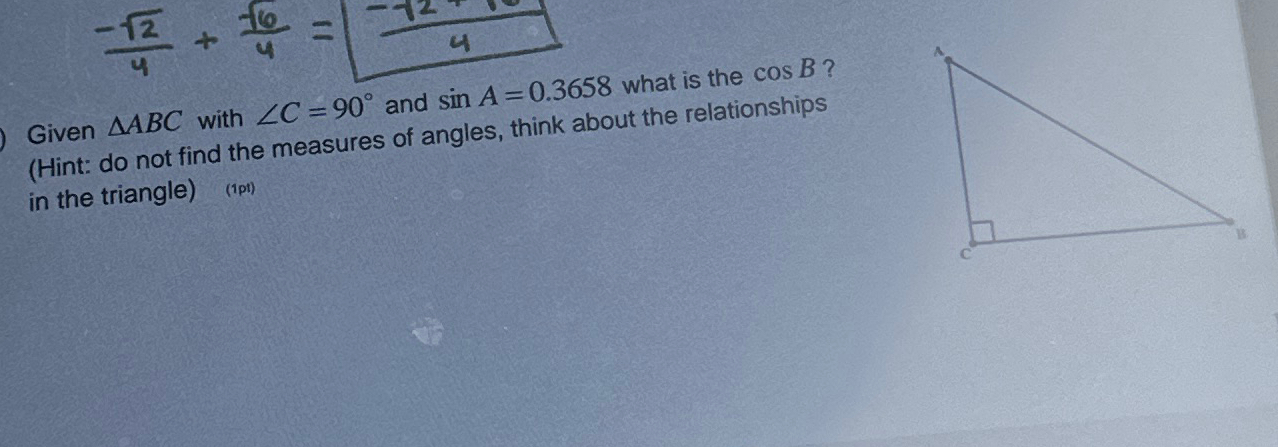 Solved Given ????ABC ﻿with ??C=90° ﻿and sinA=0.3658 ﻿what is | Chegg.com