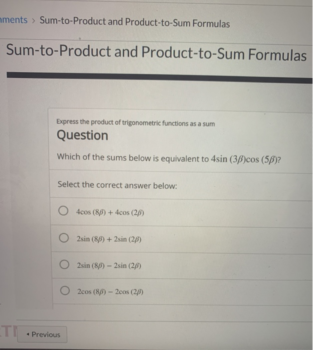 Solved ments > Sum-to-Product and Product-to-Sum Formulas | Chegg.com