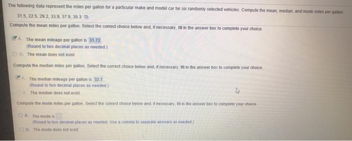 Solved The following data represent the miles per gallon for | Chegg.com