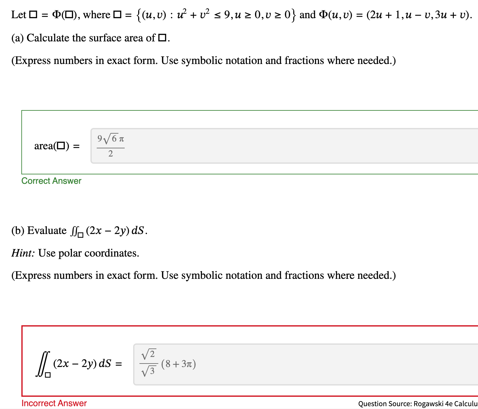 Solved F=2.4N(b) ﻿Evaluate ∬ (2x-2y)dS.Hint: Use polar | Chegg.com