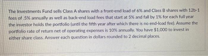 Solved The Investments Fund sells Class A shares with a | Chegg.com