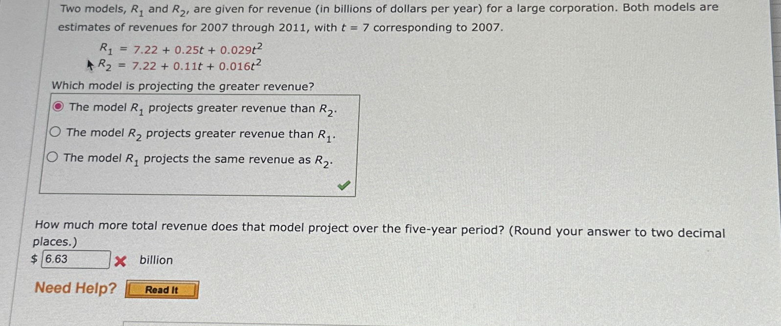 Solved Two models, R1 ﻿and R2, ﻿are given for revenue (in | Chegg.com